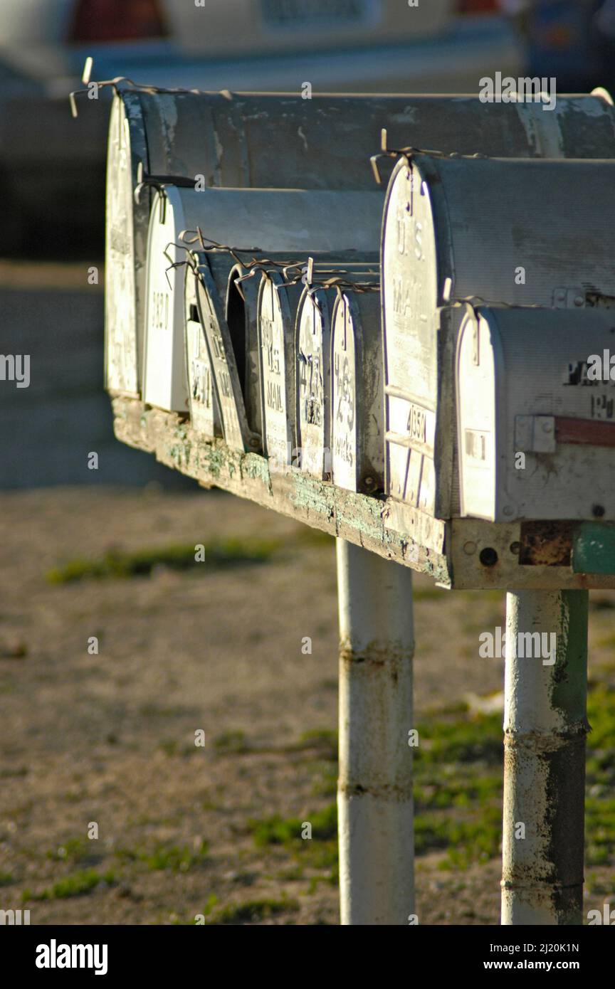 Row of Mail boxes on rural route in farm land of central California ...