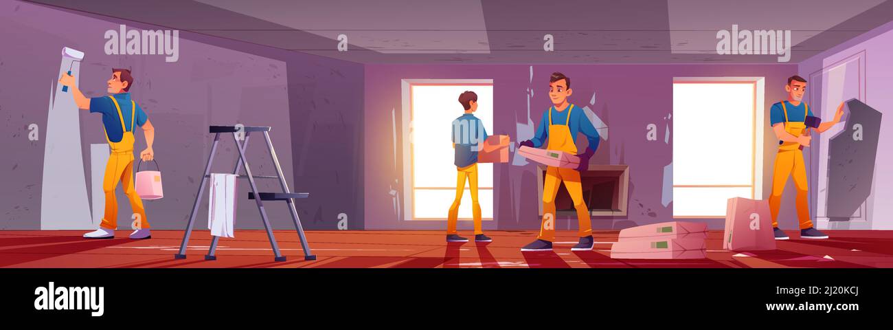 House renovation, repair works. Workers team paint wall in living room ...