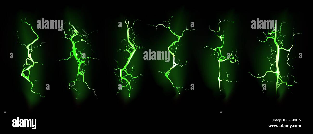 Ground cracks with neon green light top view. Vector realistic set of ...