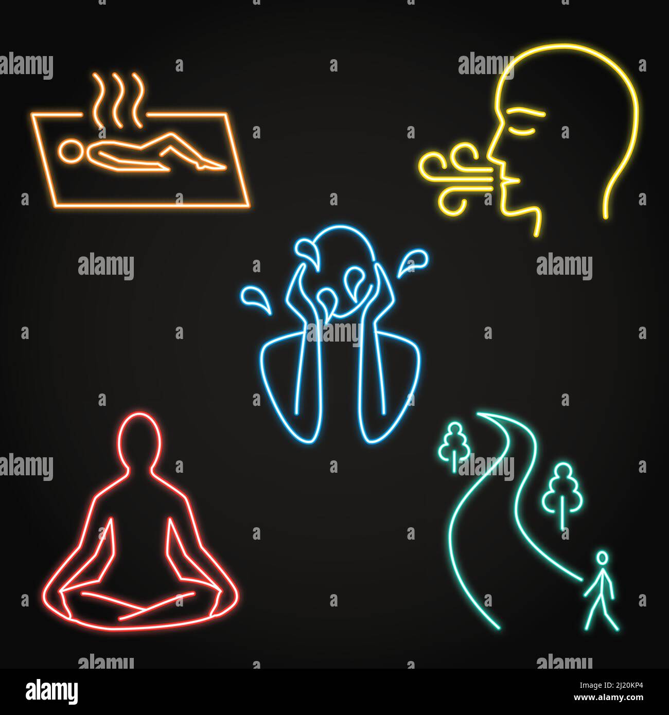 Neon calming activities icon set. How to stop panic attack. Vector ...