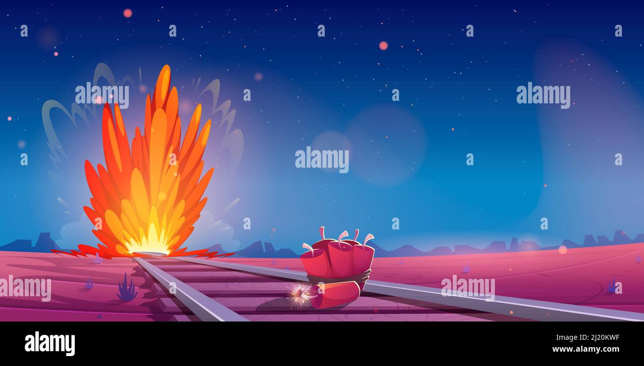 Wild west landscape with explosion and dynamite on railway. Vector ...