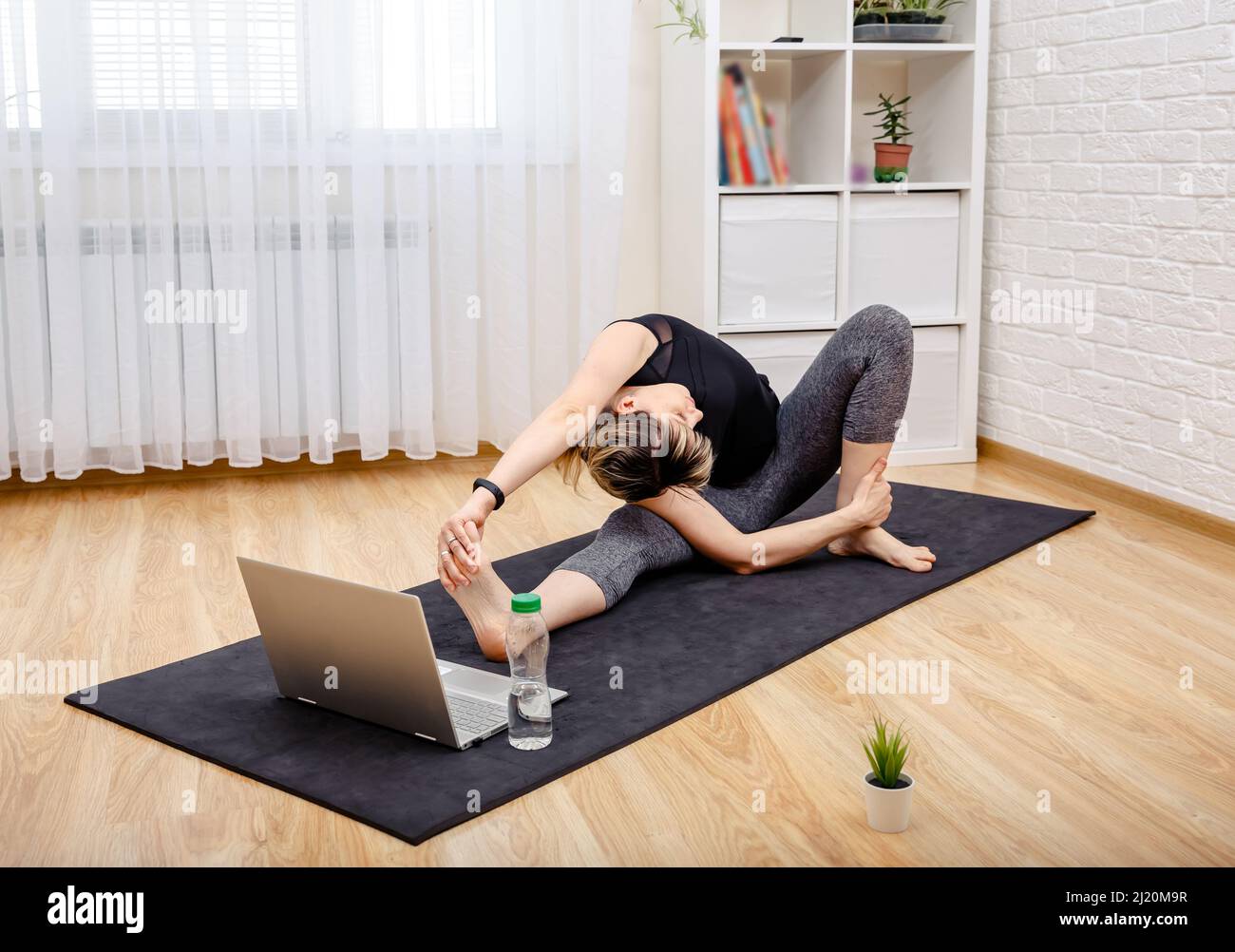 Morning Meditation. Having a happy rest at home. Online training Stock ...