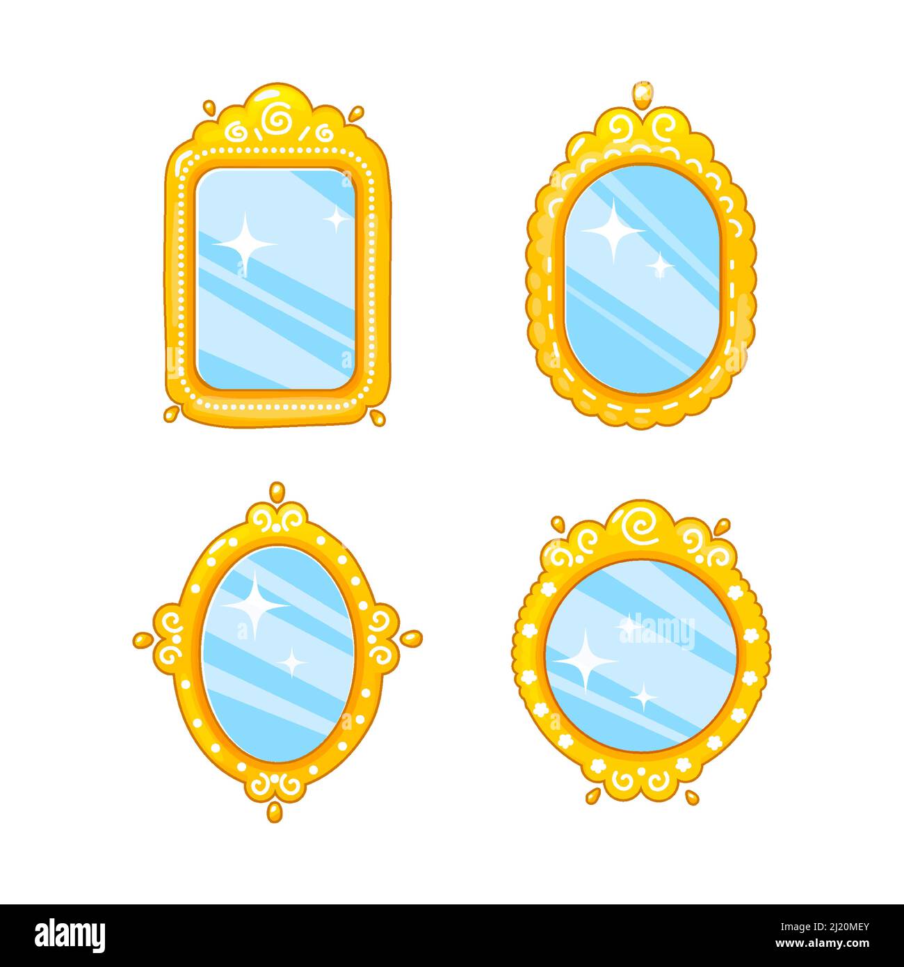 Set of gold and shiny cartoon mirrors with reflection in different ...