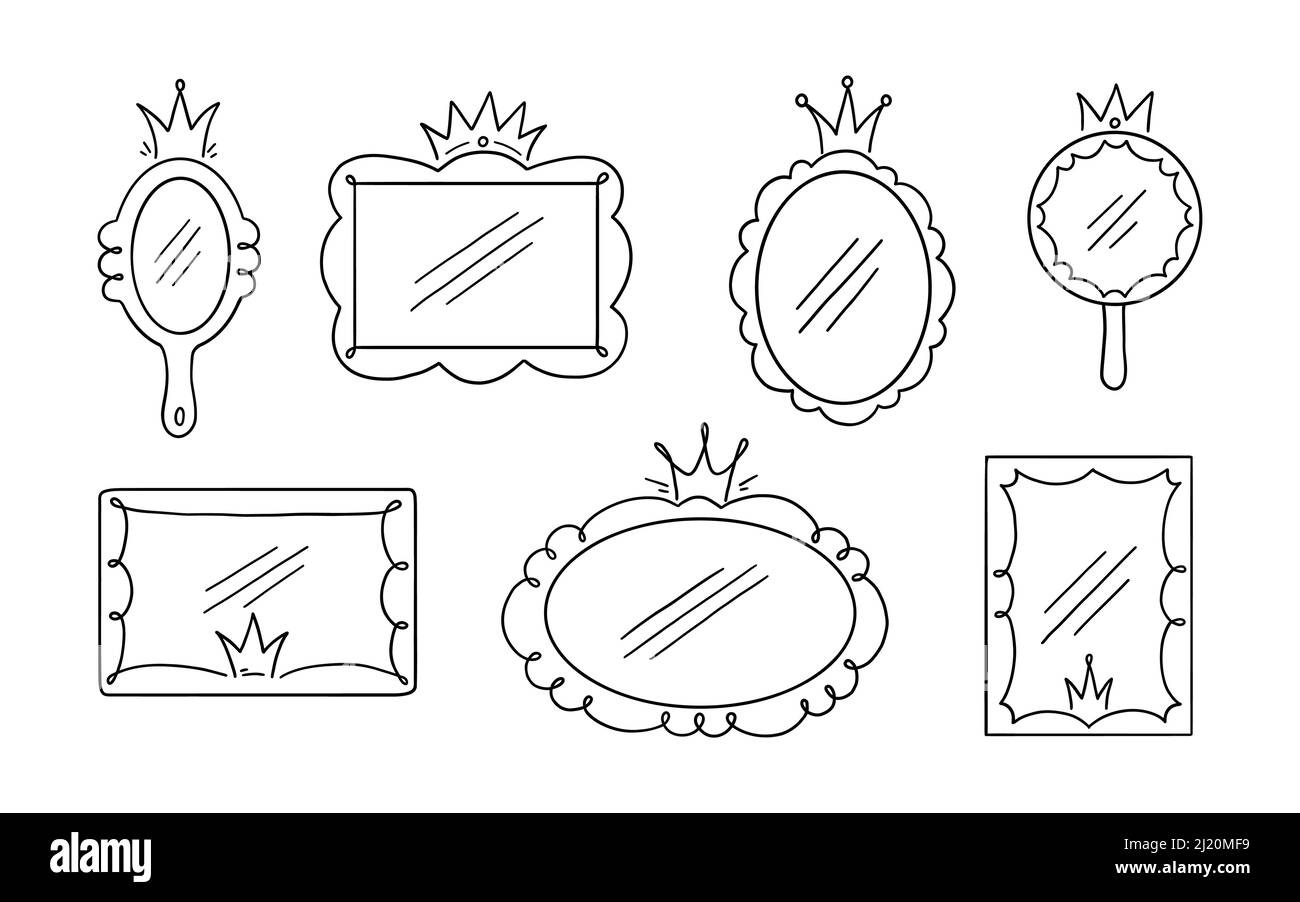 Princess crown mirror frame. Hand drawn doodle mirror with crown for ...