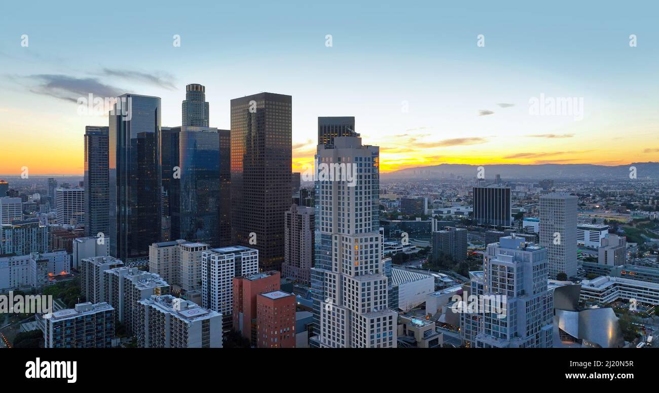 Los Angeles skyline and skyscrapers. Downtown Los Angeles aerial view ...
