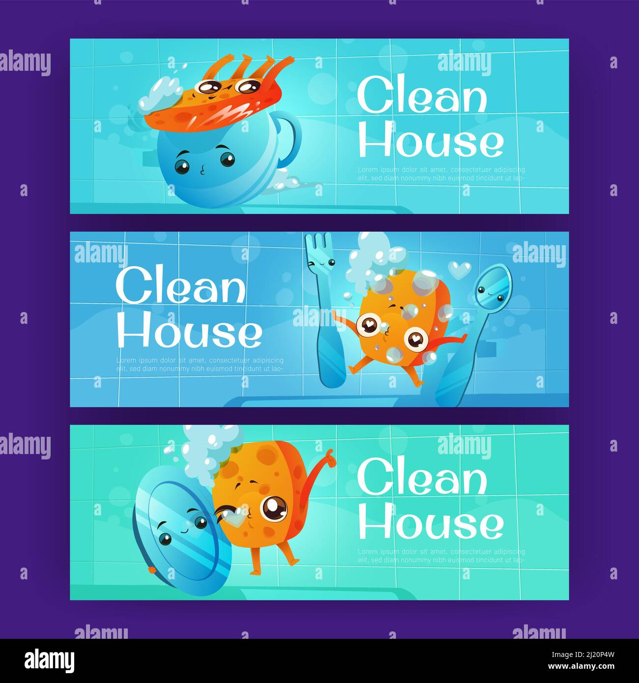 Clean house posters with cute kitchen sponge wash plate, cup and ...