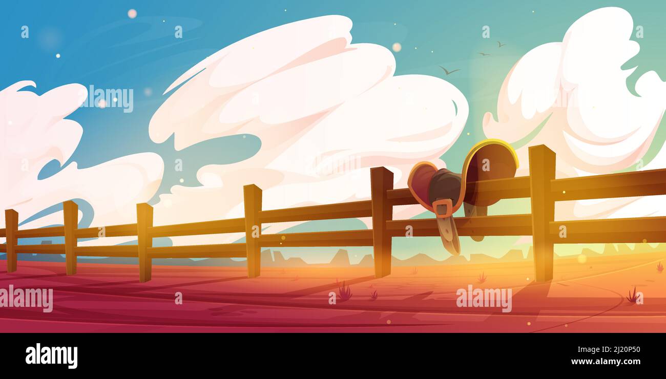 Horse saddle hanging on wooden ranch fence at wild west landscape ...