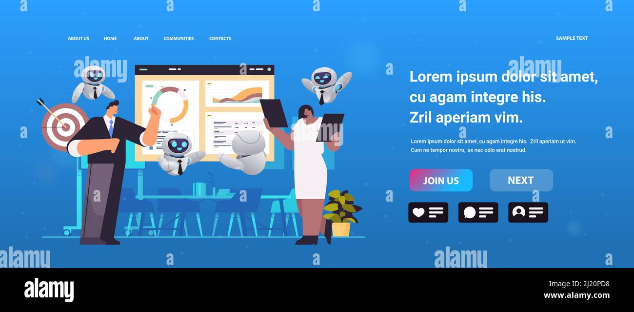 mix race businesspeople with robots presenting financial statistics charts graphs and diagrams ...