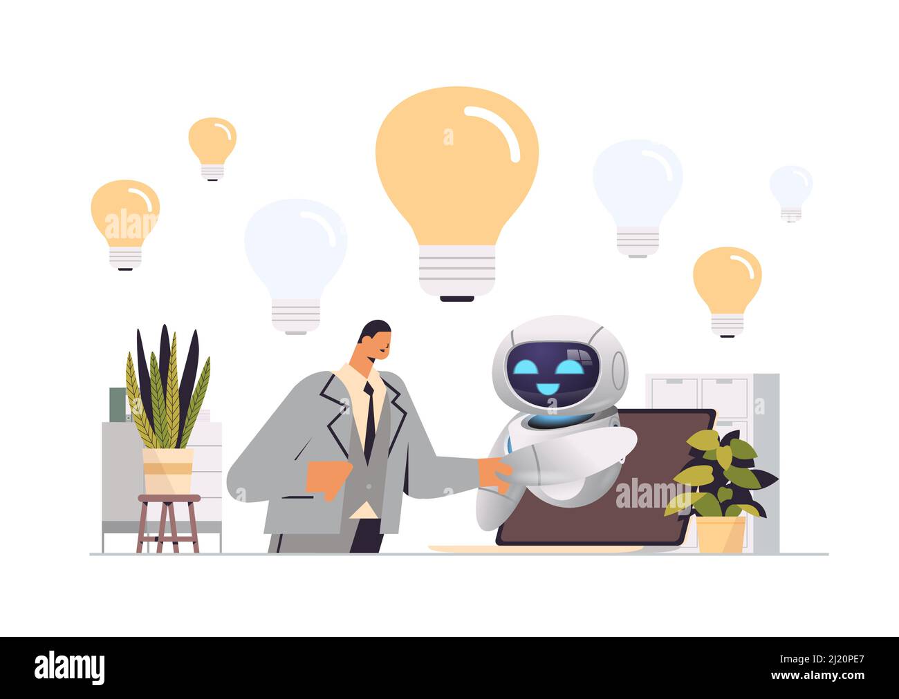 businessman shaking hands with robot light bulb creative idea ...
