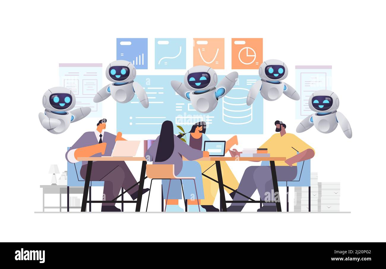 businesspeople with robots analyzing financial data on charts and ...
