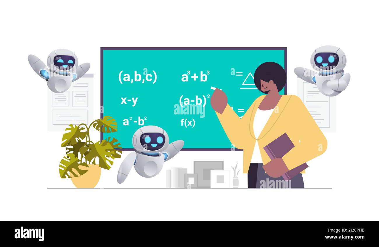 teacher with robots solving math problem on digital chalkboard during ...