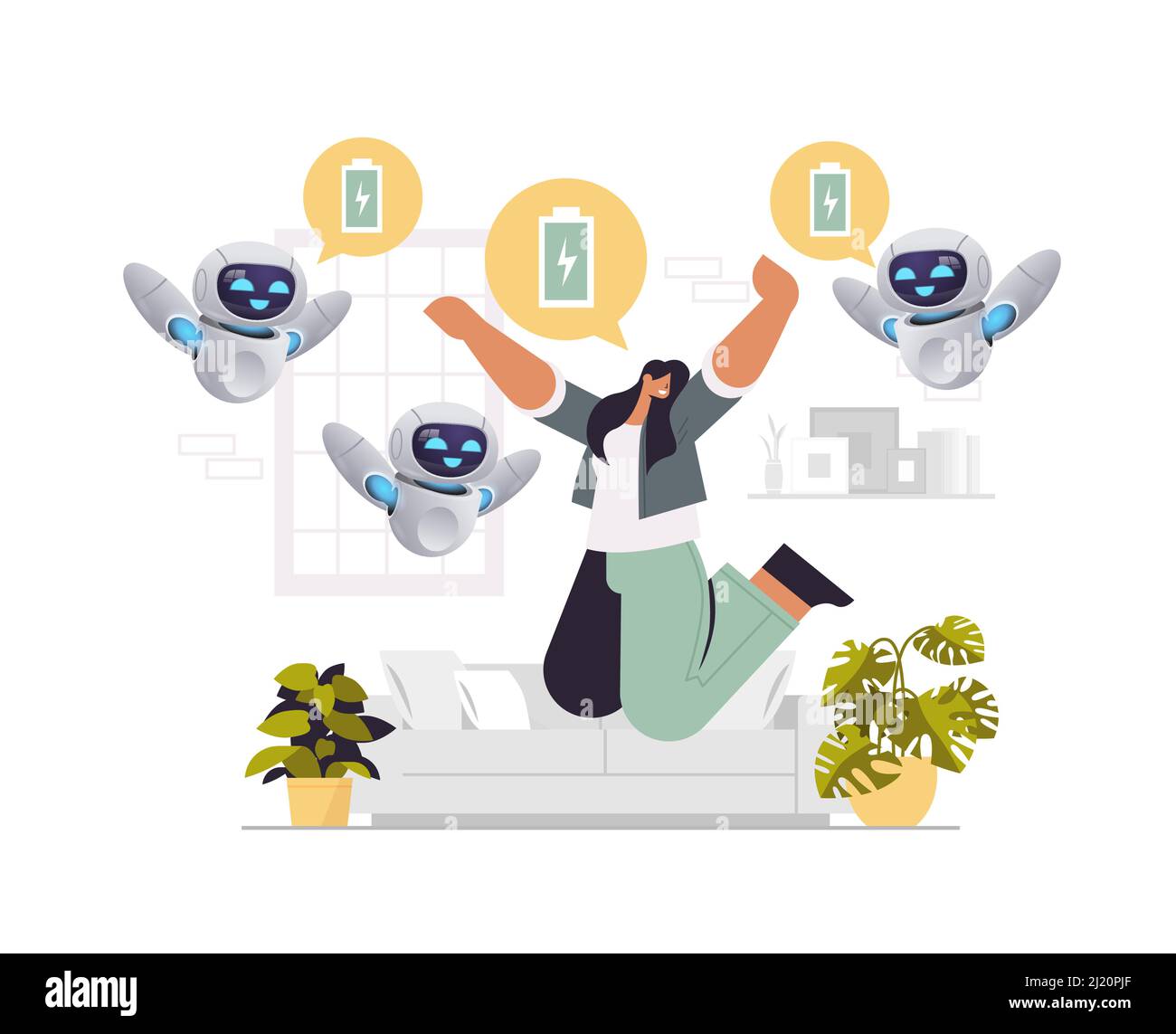 woman and robots with charged battery full of energy artificial ...