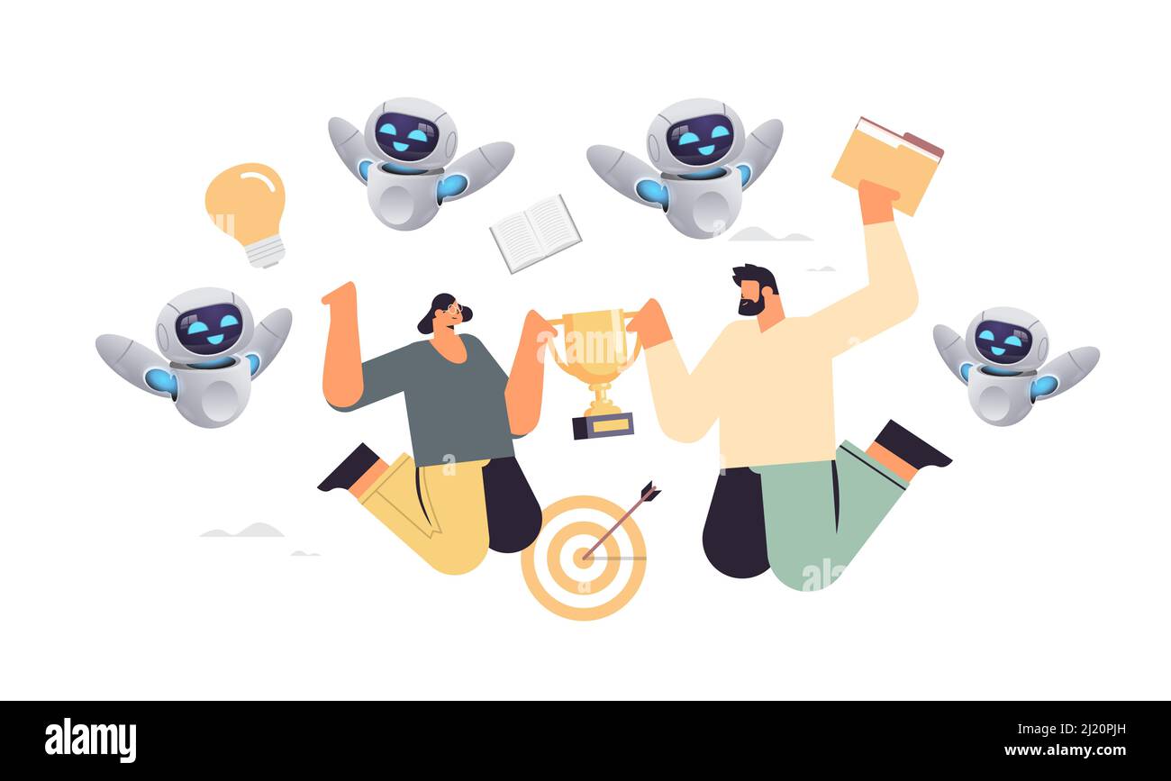 businesspeople with robots holding golden trophy cup business ...