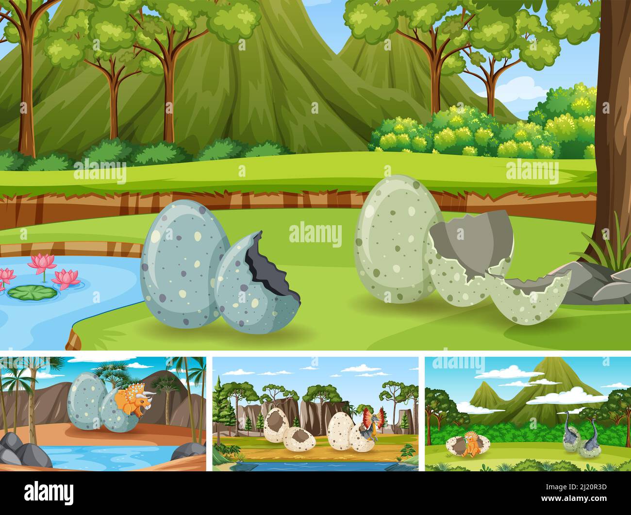 Different prehistoric forest scenes with dinosaur cartoon illustration ...