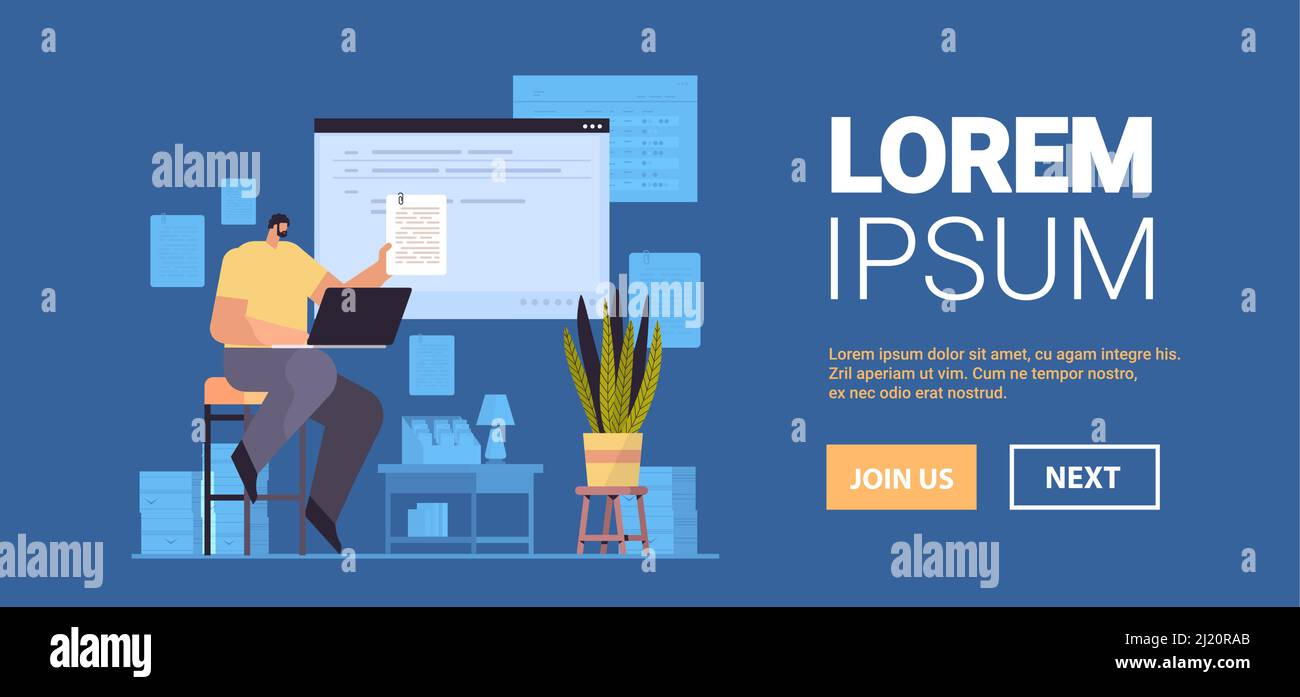 man article editor writing publicity post male journalist using laptop ...