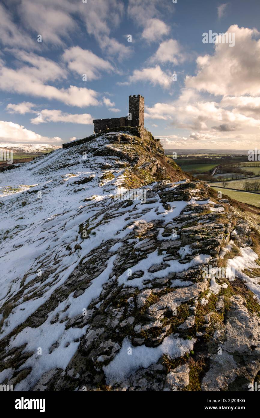 Brentor Church and moorland view after a dusting of snow, near ...