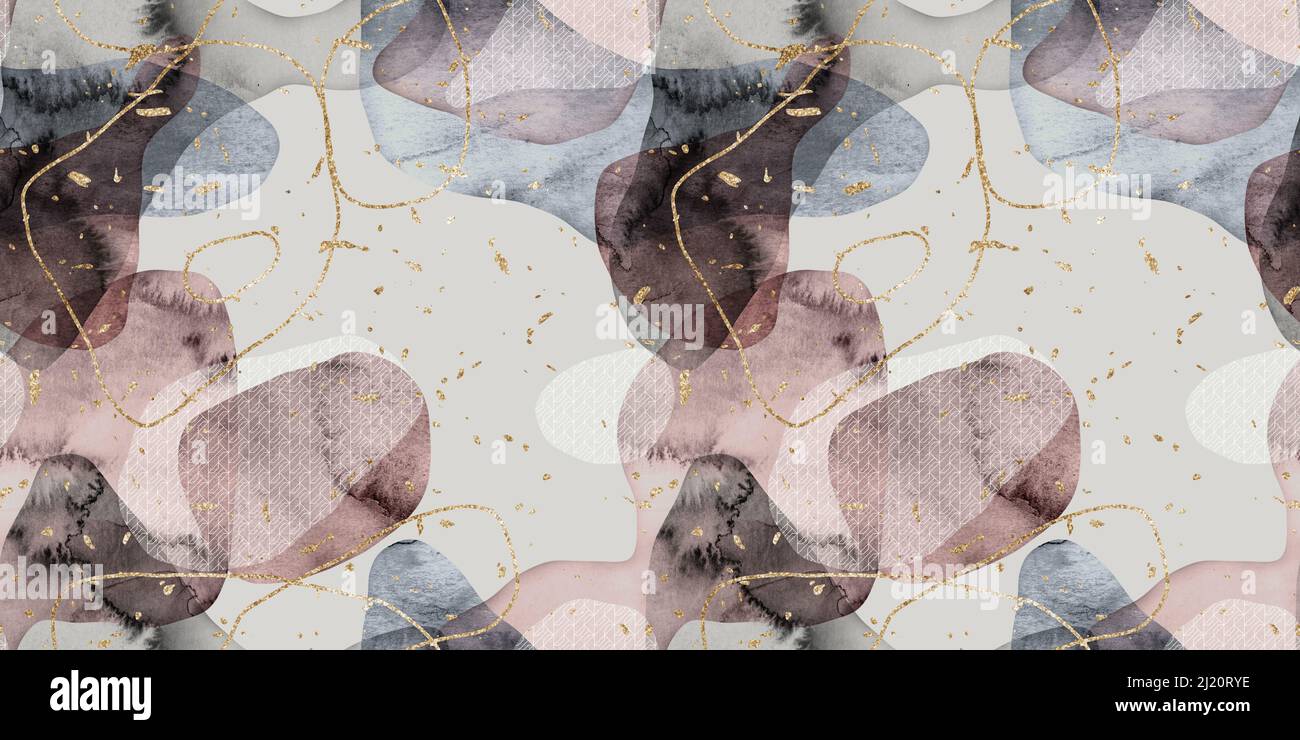 Seamless watercolor abstract organic blob shape overlay w gold lines ...