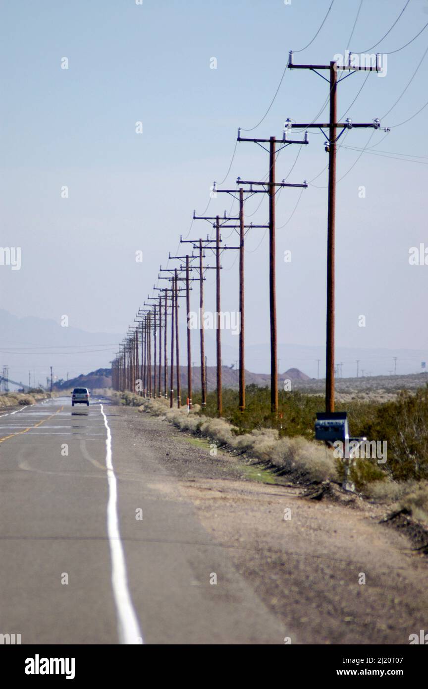 Route 66 in high California desert near Barstow power poles electricity ...