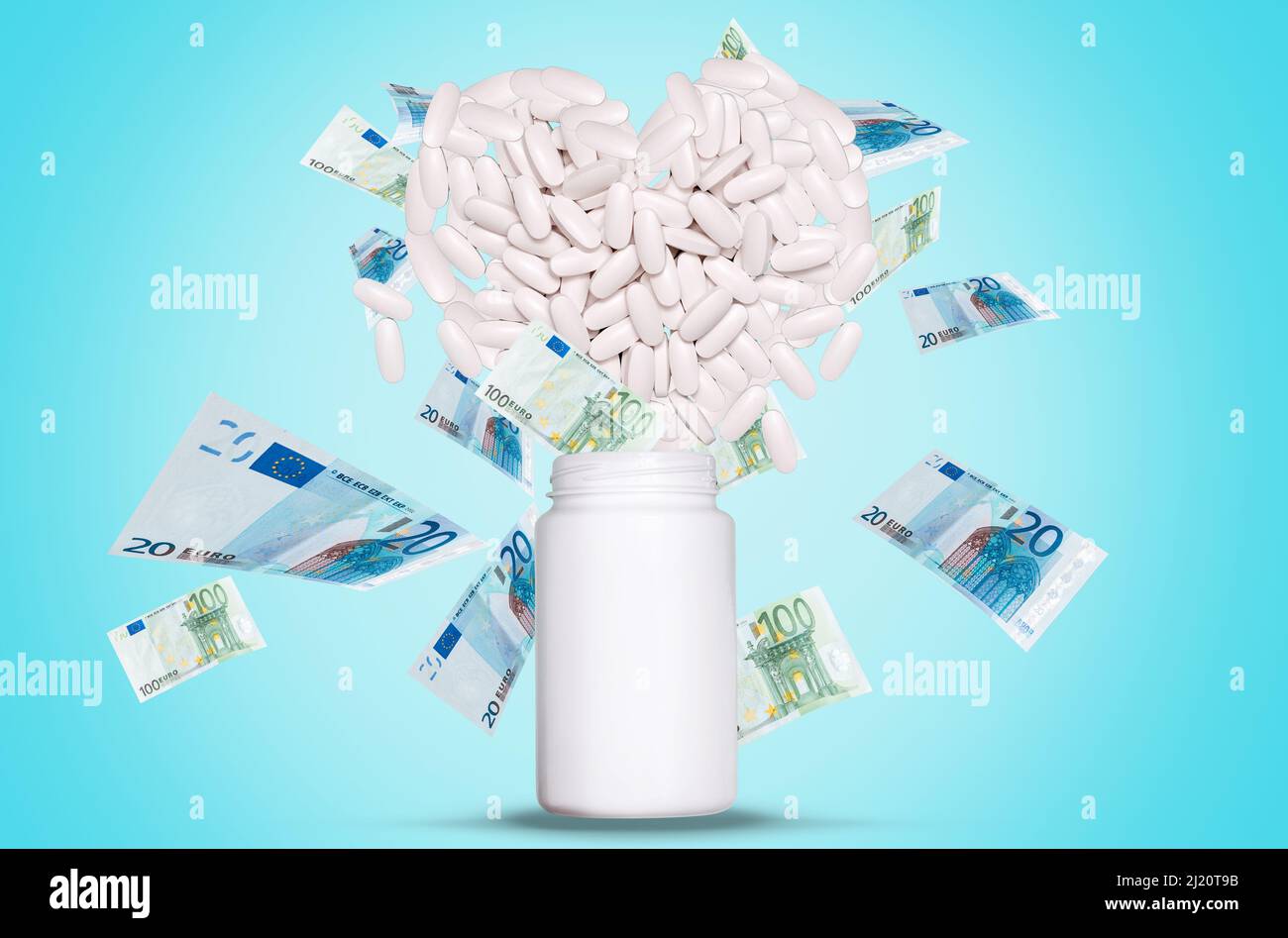 White jar with pills in the form of a heart with flying euro bills. The ...