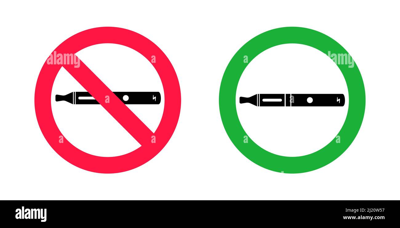 No vaping and vaping area signs. Red forbidden and green allowed circles signs icon isolated on ...
