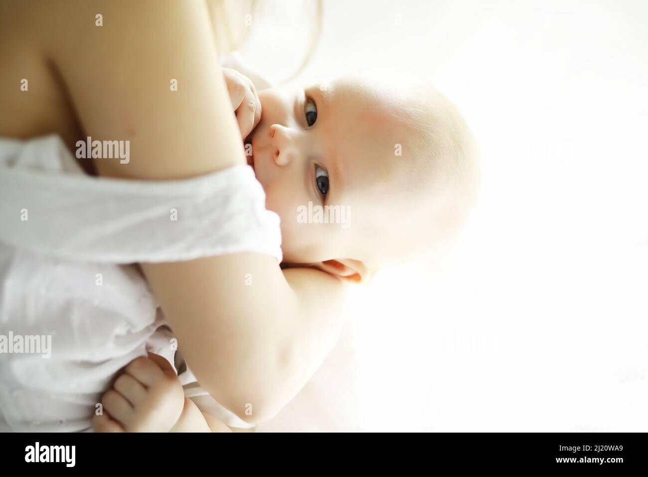 Maternity concept. A young mother feeds her little baby. First lure and ...