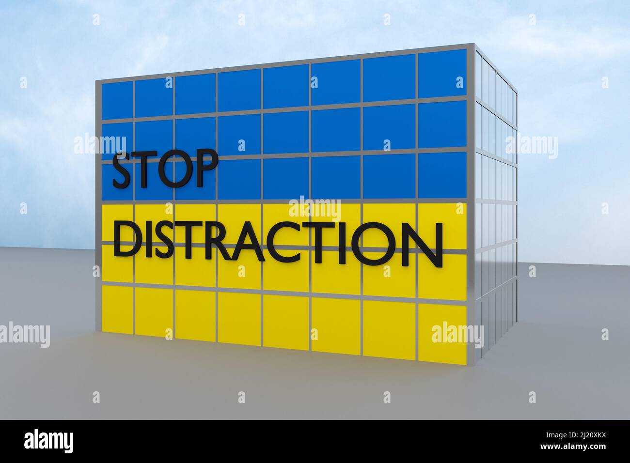 3D illustration of a building in symbolic colors of the Ukraine flag ...