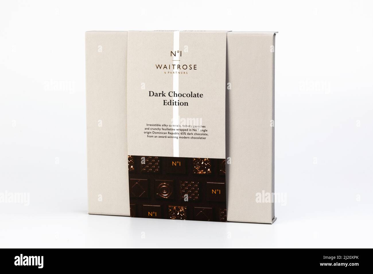 A box of Waitrose and Partners Dark Edition Chocolates Stock Photo - Alamy