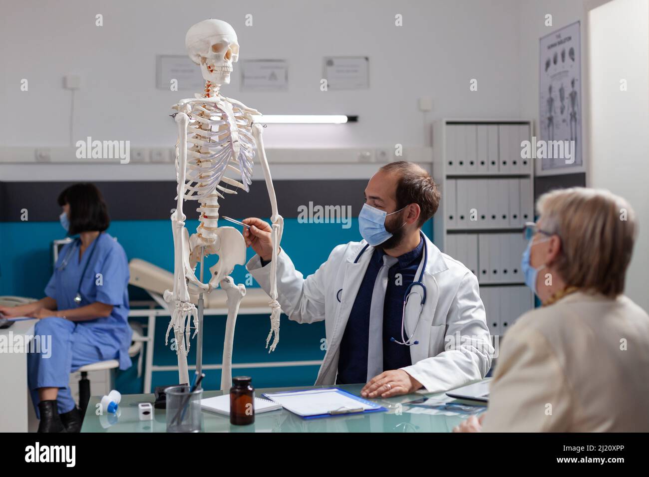 Specialist explaining human skeleton to retired woman at checkup visit ...