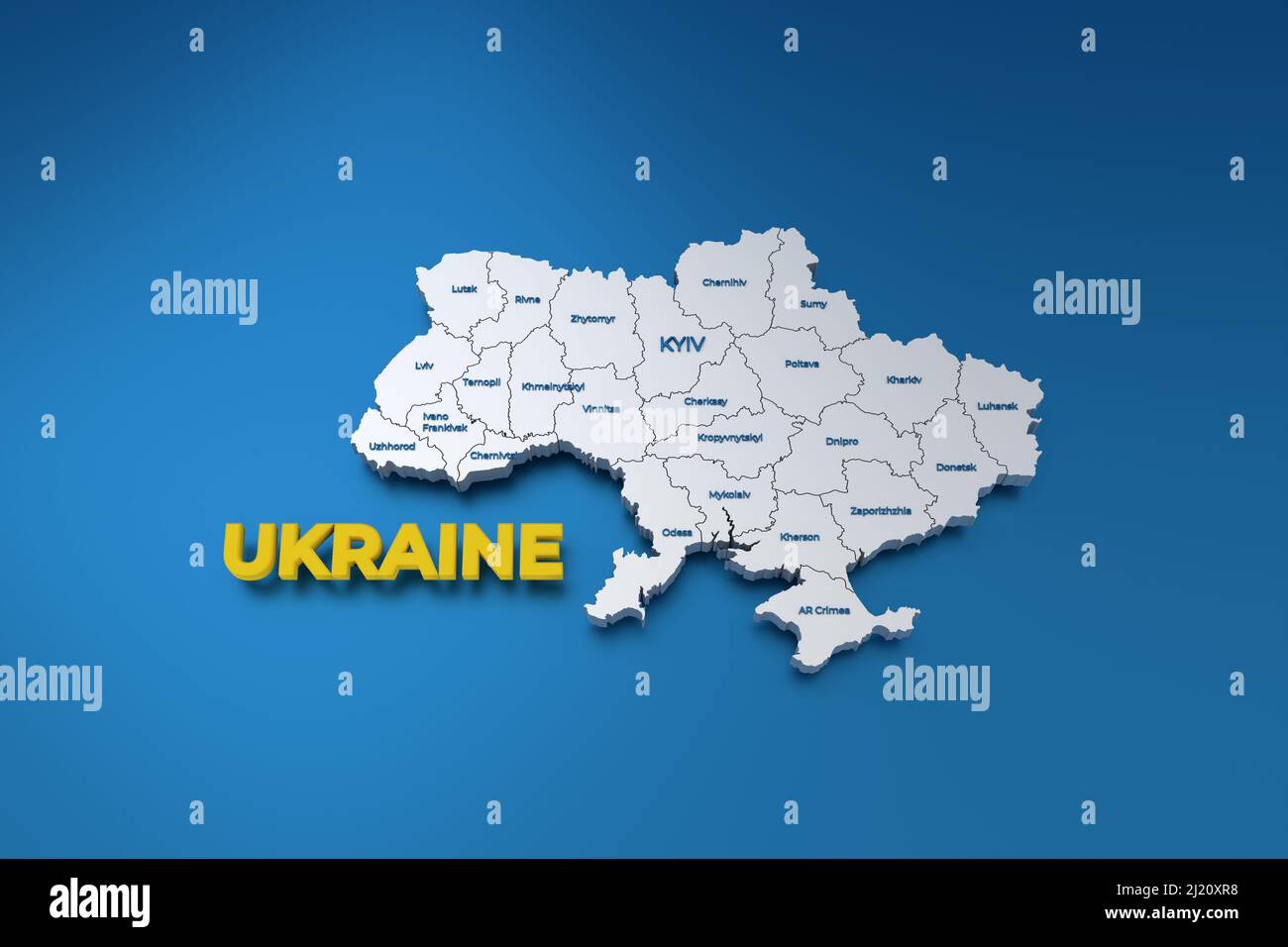 Stylish 3D map of Ukraine with regions and regional cities on blue ...