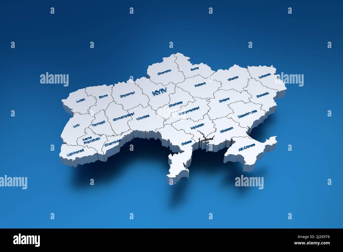 Stylish 3D map of Ukraine with regions and regional cities on blue ...