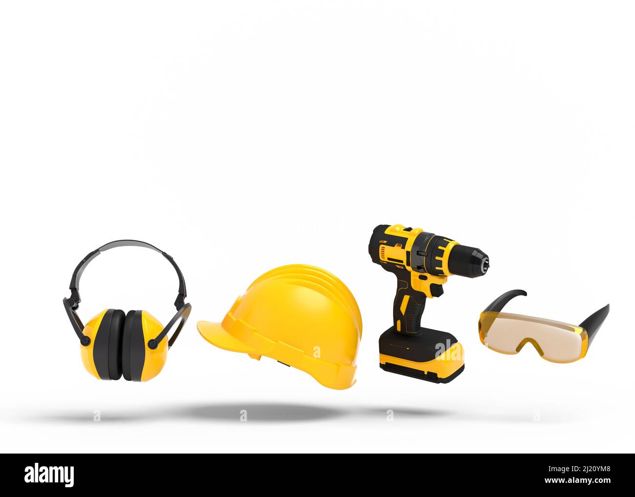 Flying view of yellow construction tools for repair and installation on ...