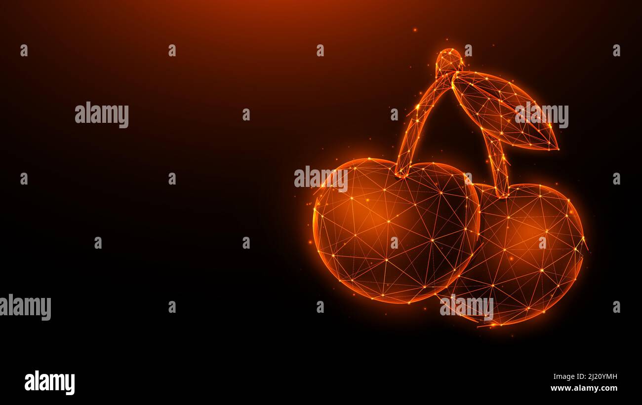 Polygonal vector illustration of cherry on a dark background. Fruit in ...