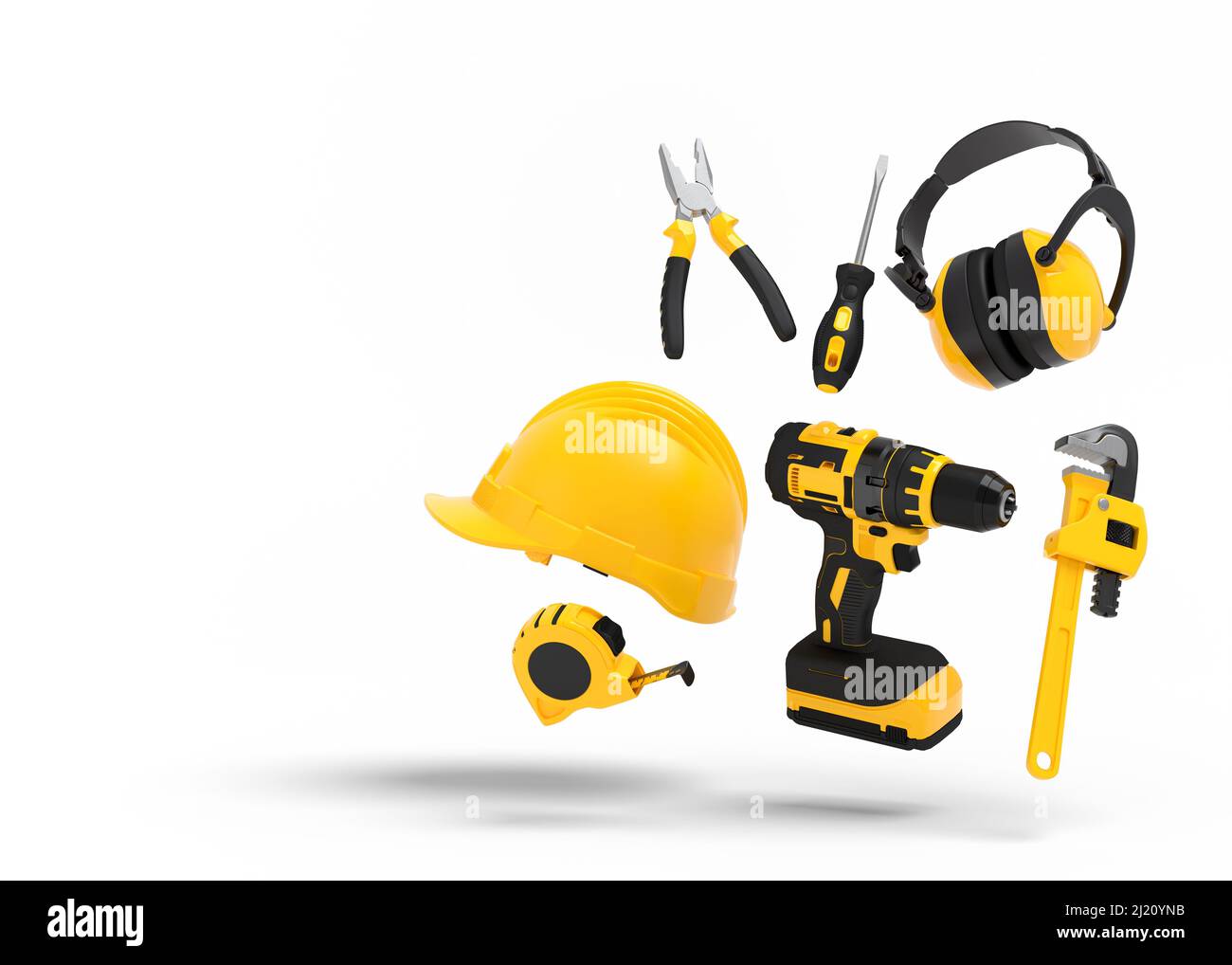 Flying view of yellow construction tools for repair and installation on ...