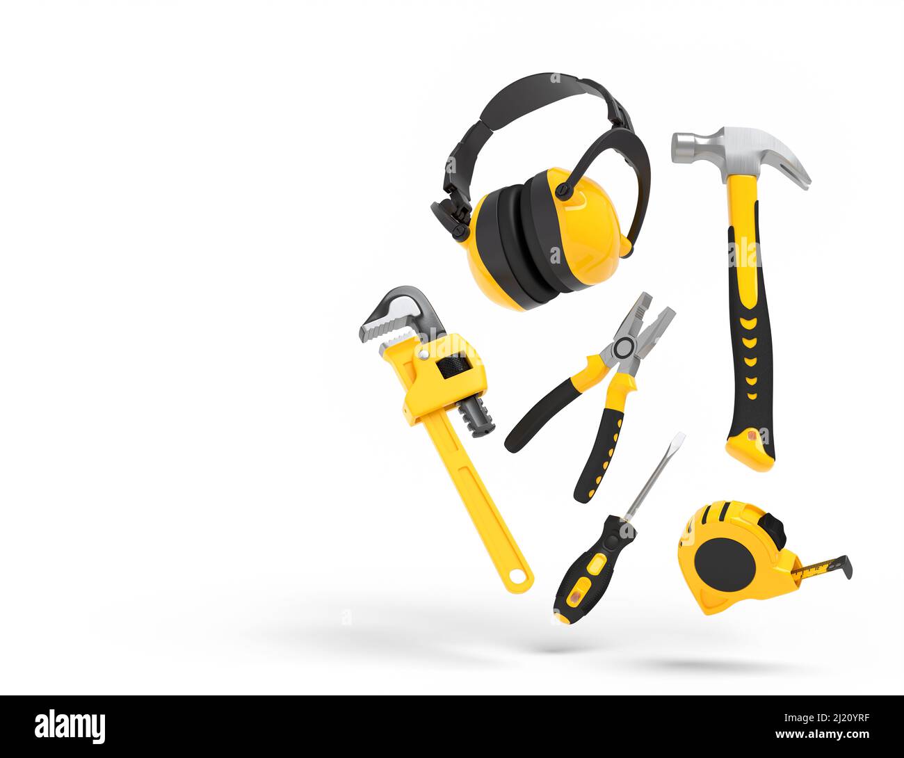 Flying view of yellow construction tools for repair and installation on ...