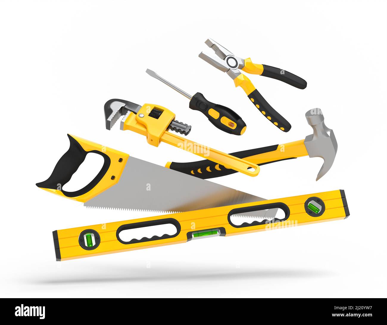 Flying view of yellow construction tools for repair and installation on ...