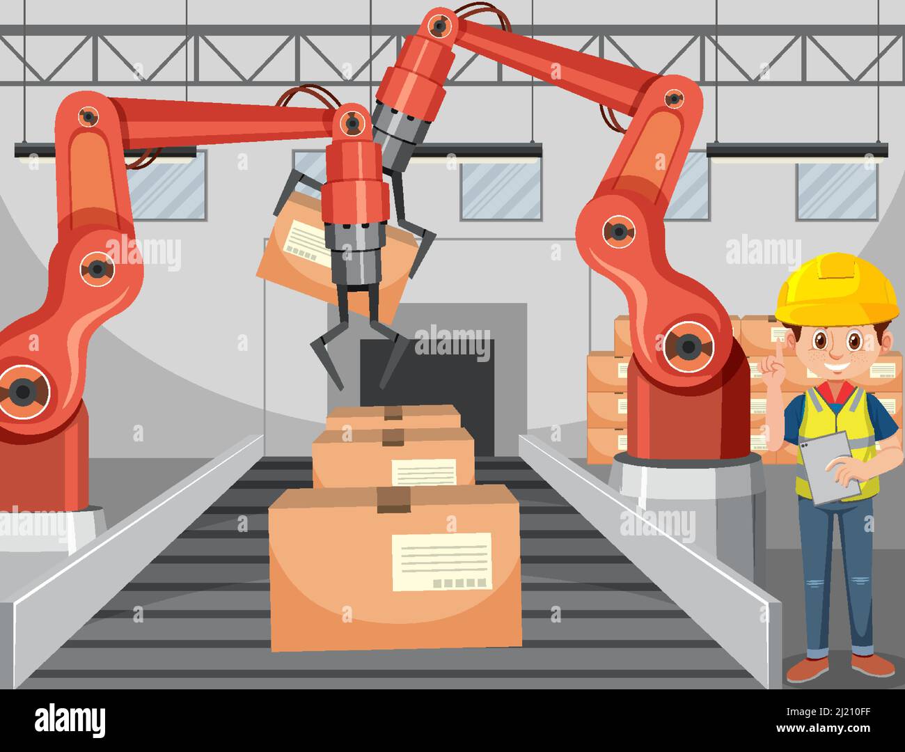 Automation industry concept with assembly line robots illustration ...