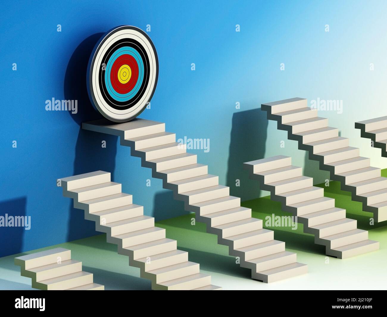 One ladder reaching the bullseye target among short ladders. 3D ...