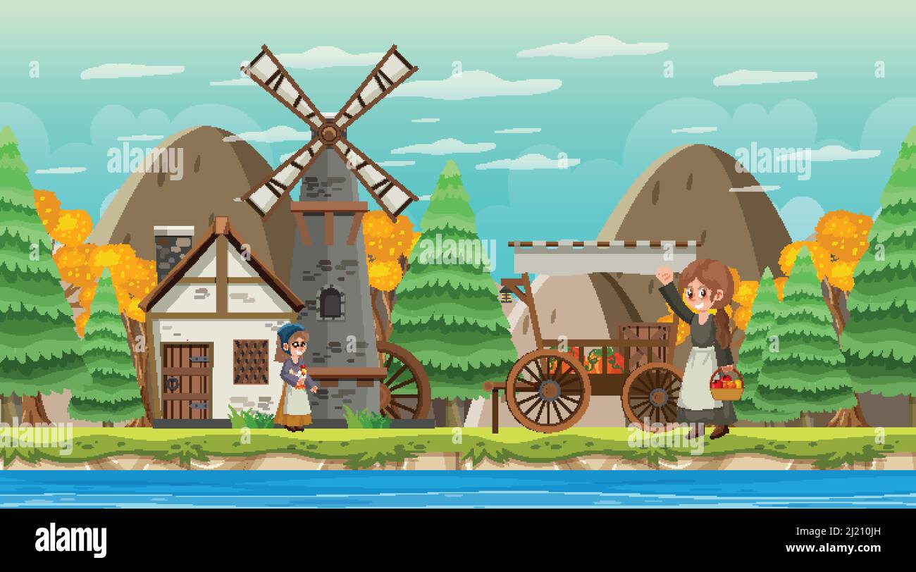 Medieval town cartoon scene with villagers illustration Stock Vector ...