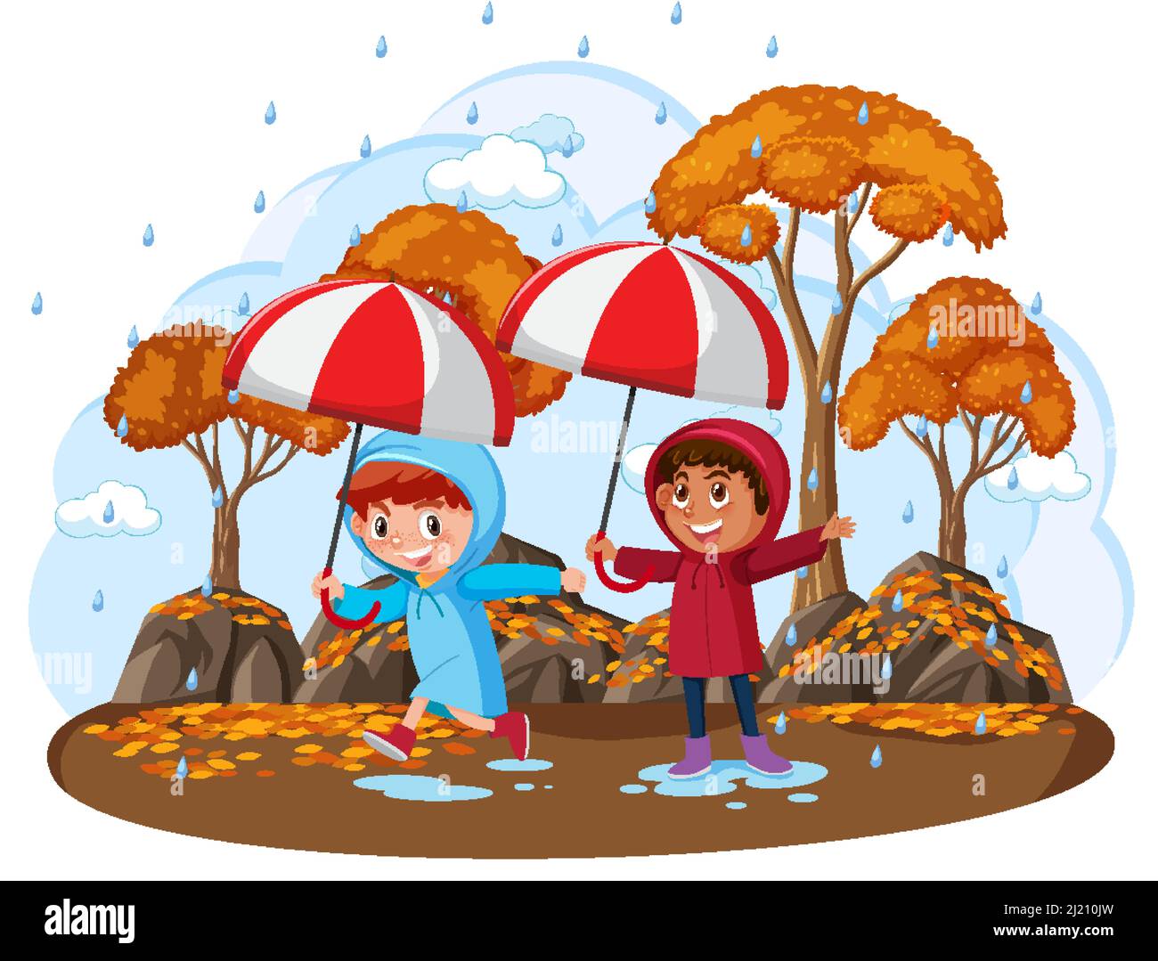 Isolated outdoor park with children playing raining illustration Stock ...