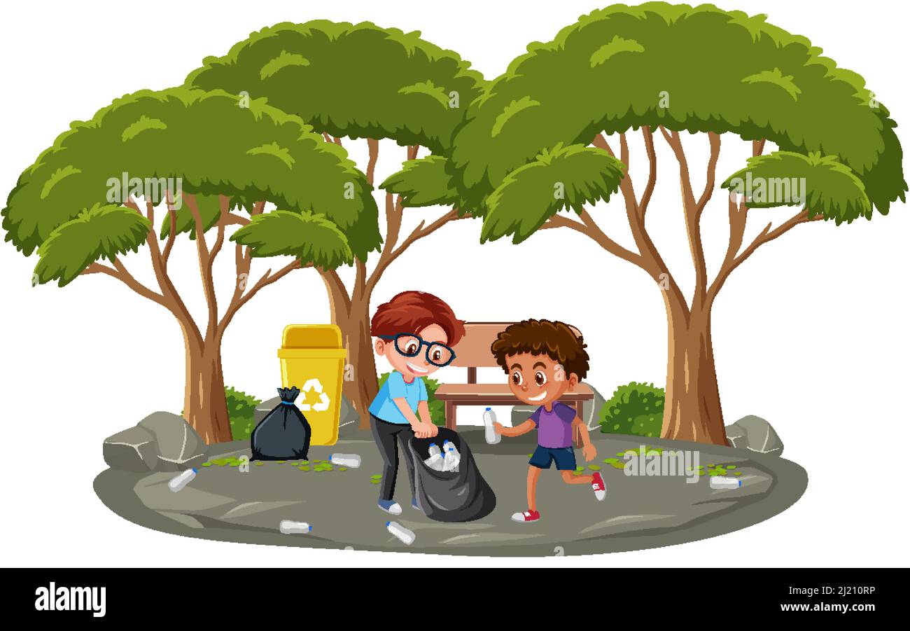 Isolated outdoor park with children cleaning park illustration Stock ...