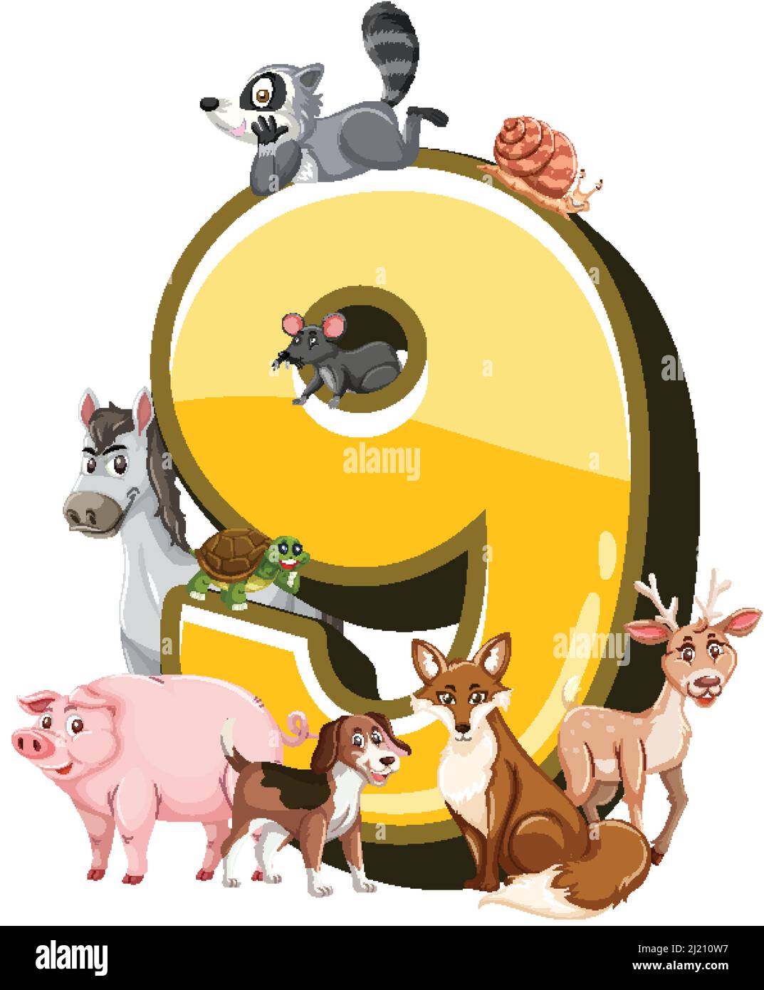 Different nine animals attached to number nine illustration Stock ...