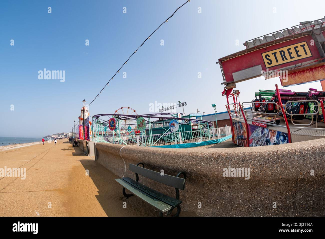 Ultra wide angle fisheye view of Hunstanton promenade or esplanade on ...