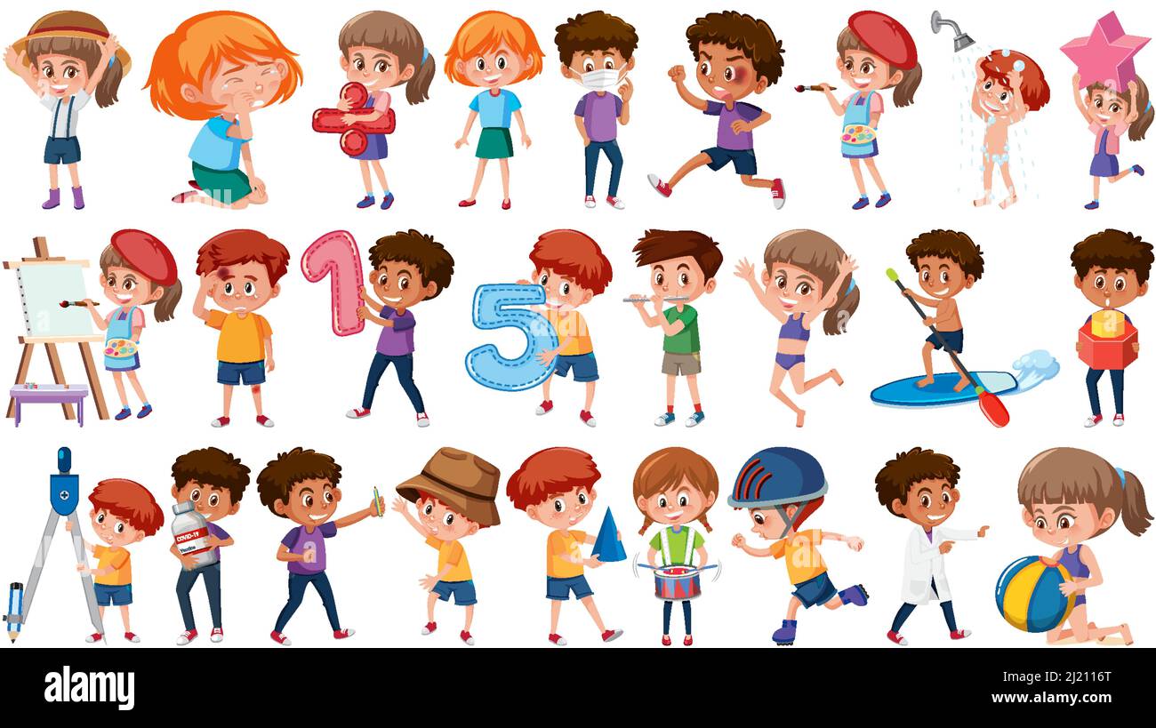 Set of children doing different activities on white background ...