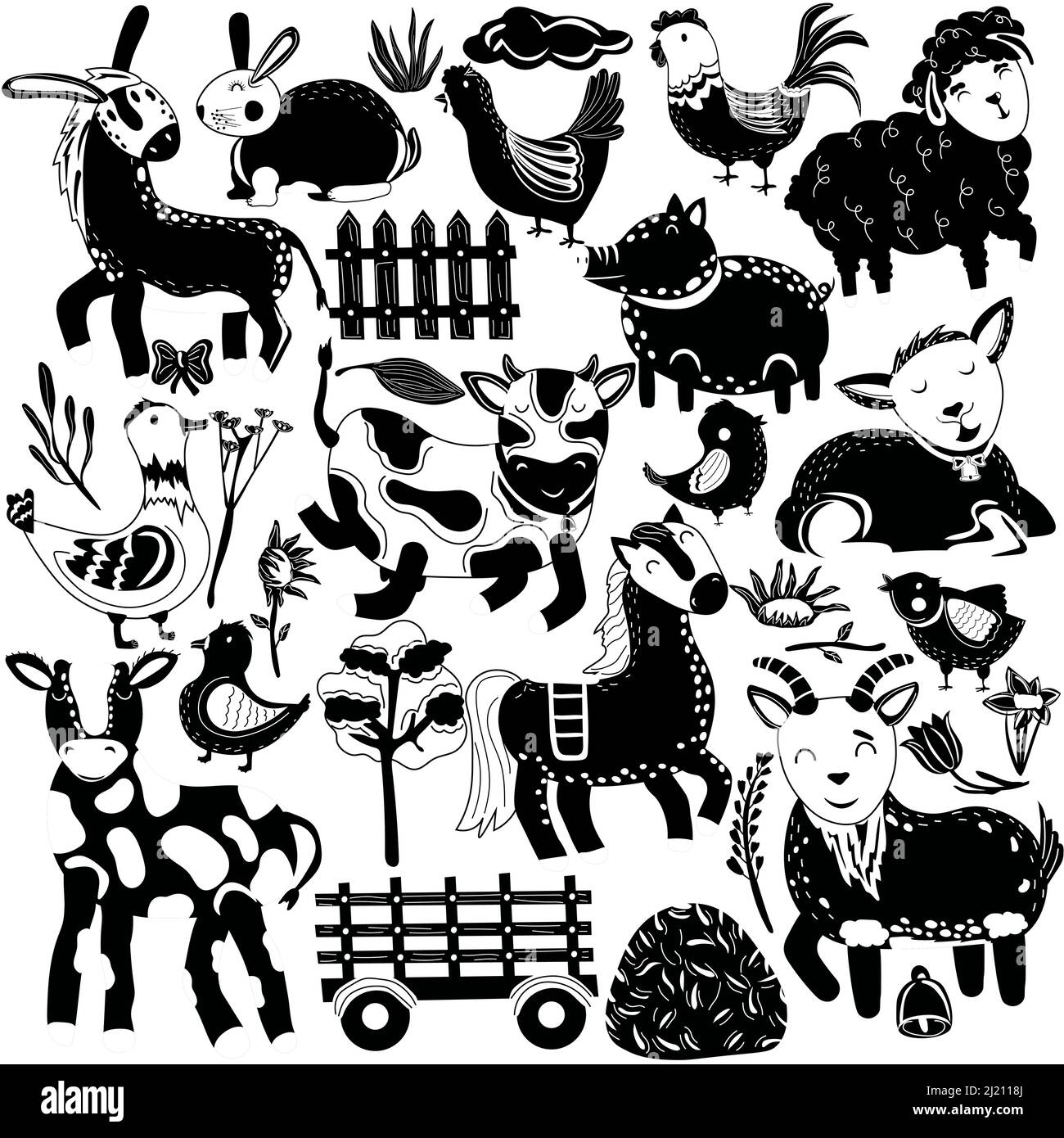 Group Of Farm Animals Clipart Black And White Farm Animals Set.
