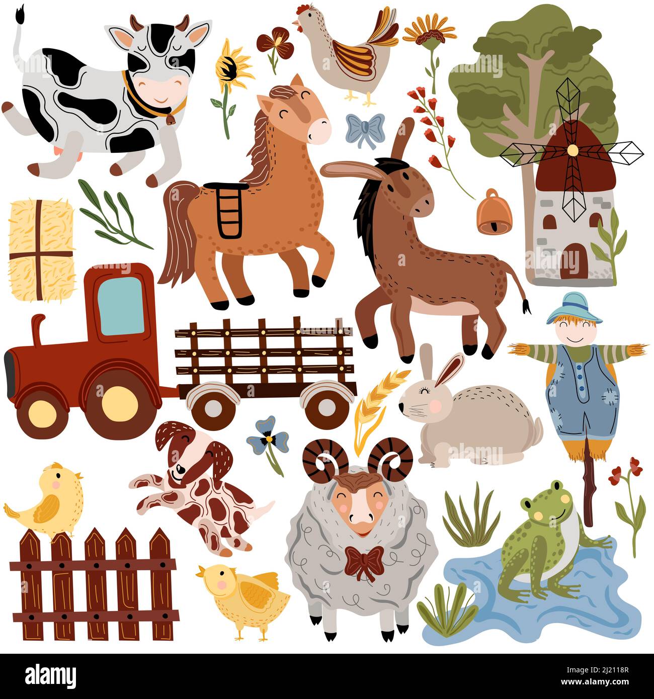Big set of farm with animals. Pets, dog, sheep, donkey, cow, chicken ...