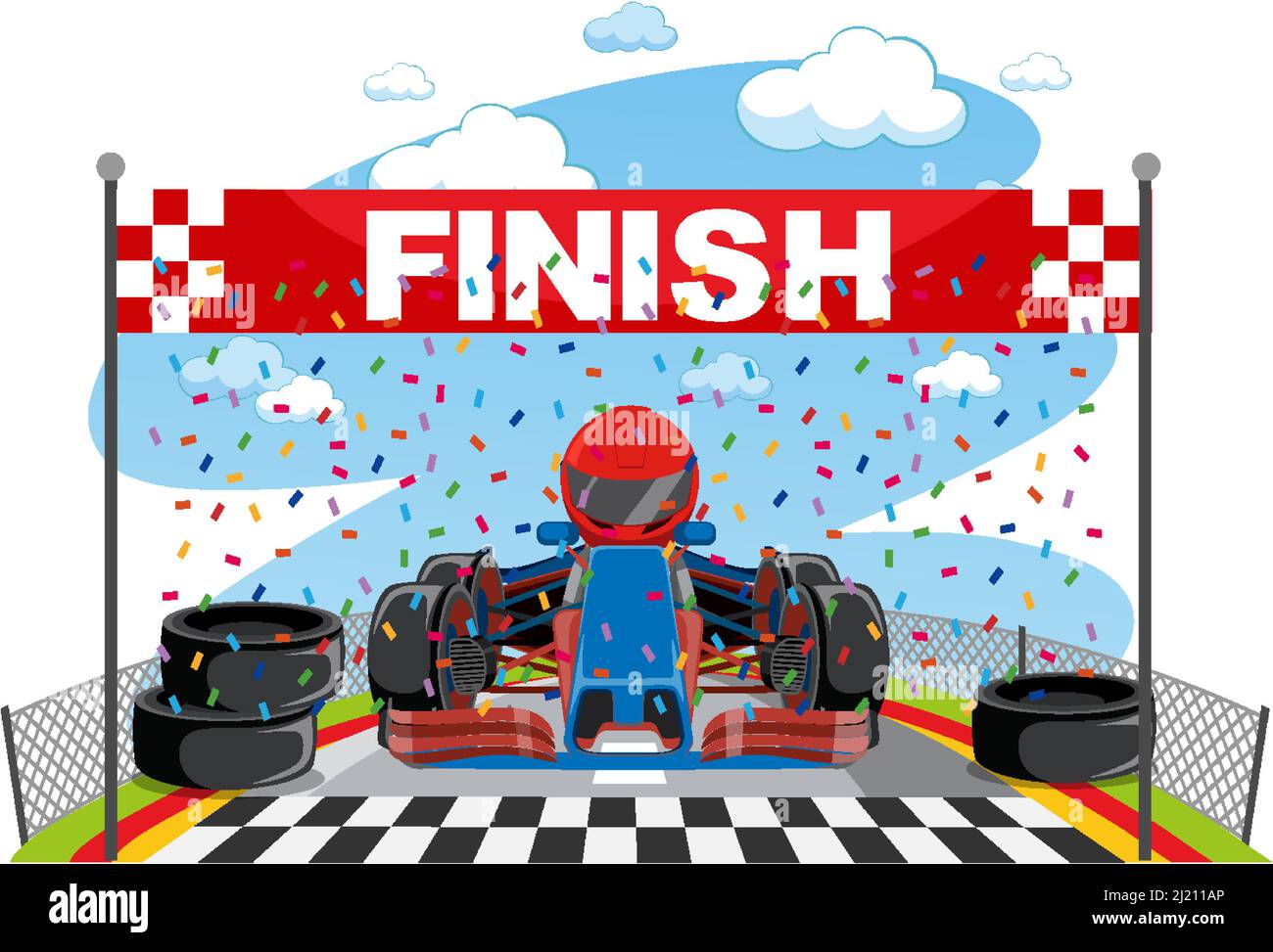 Cartoon racing car reach the finish line illustration Stock Vector ...