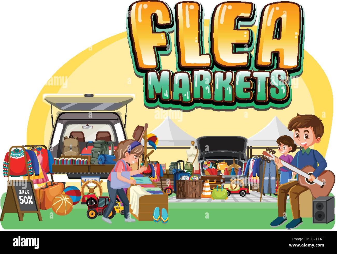 Flea market concept with merchant cartoon character illustration Stock ...