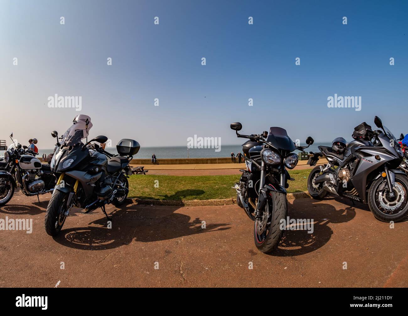 Ultra wide angle fisheye view of motorcycles parked up on Hunstanton ...