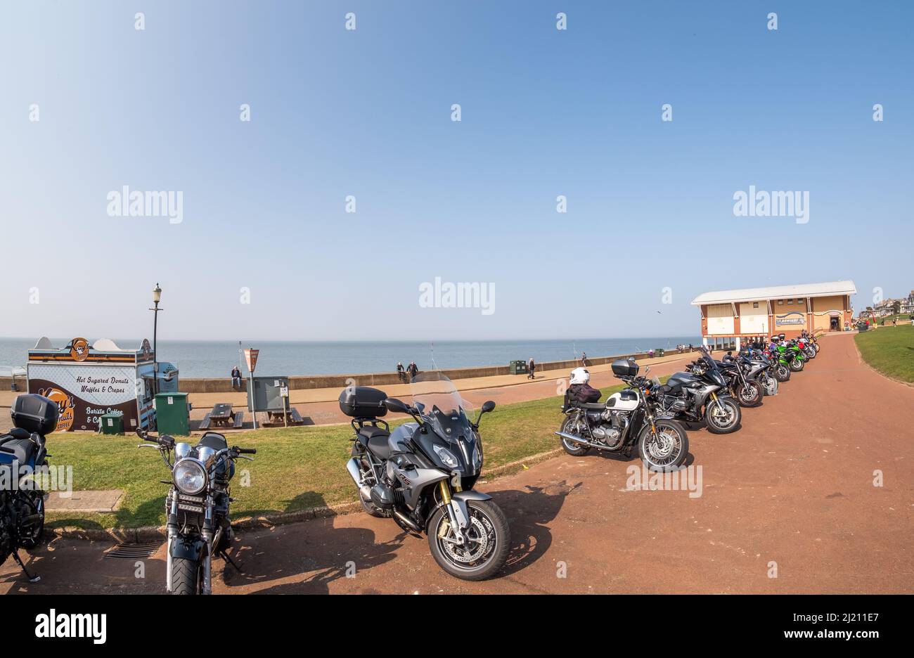 Ultra wide angle fisheye view of motorcycles parked up on Hunstanton ...