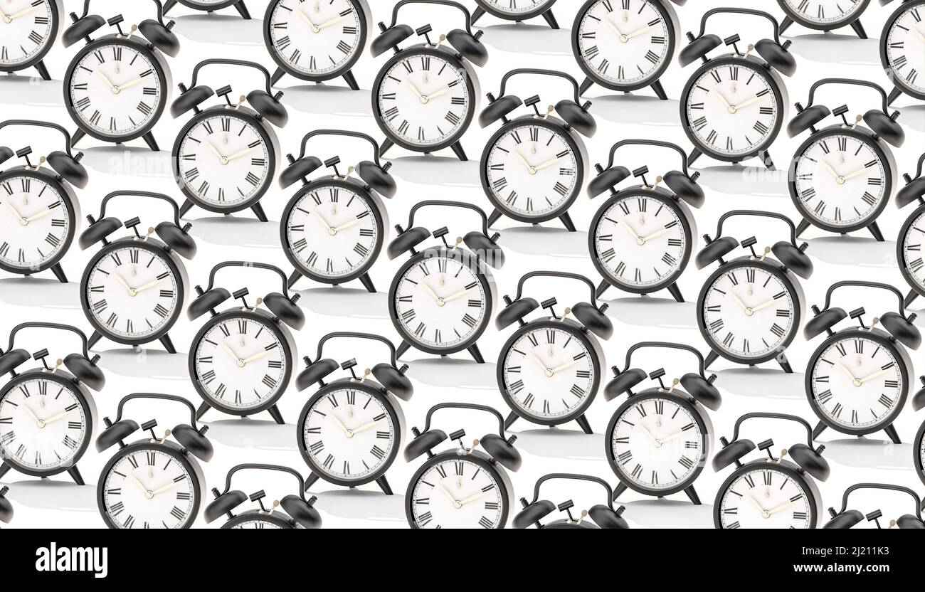 repeating vintage alarm clocks in flat lay style. 3d rende Stock Photo ...